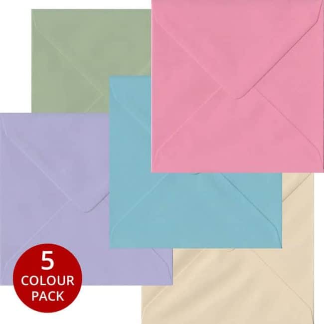 100 Pale Pastel Square Gummed 155 x 155mm Coloured Envelopes